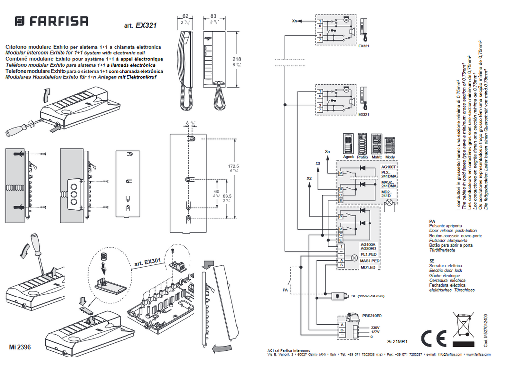 Two-wire intercom handset for 1+1 EXHITO EX321 FARFISA interphone
