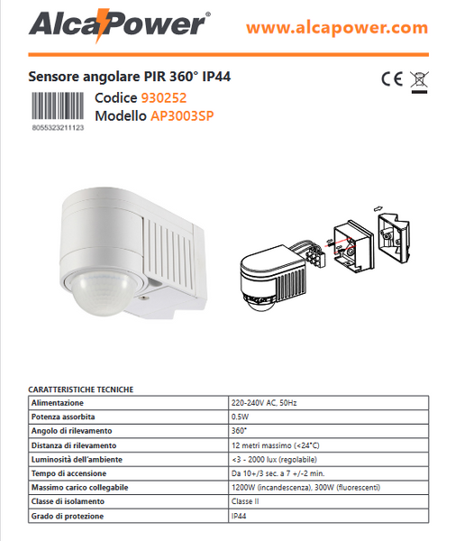 PIR 360° IP44 angular presence-movement sensor